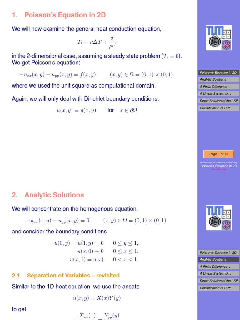 1. Poisson's Equation in 2D: T = κ∆T + q ρc - T = 0 | PDF | Partial ...