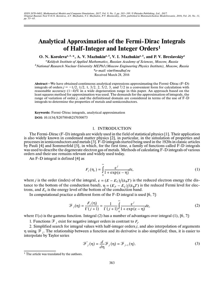 Analytical Approximation Of The Fermi Dirac Integrals Of Half Integer And Integer Orders Pdf