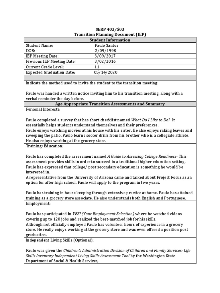 Transition Planning Document 1 | PDF | Educational Assessment | Higher ...