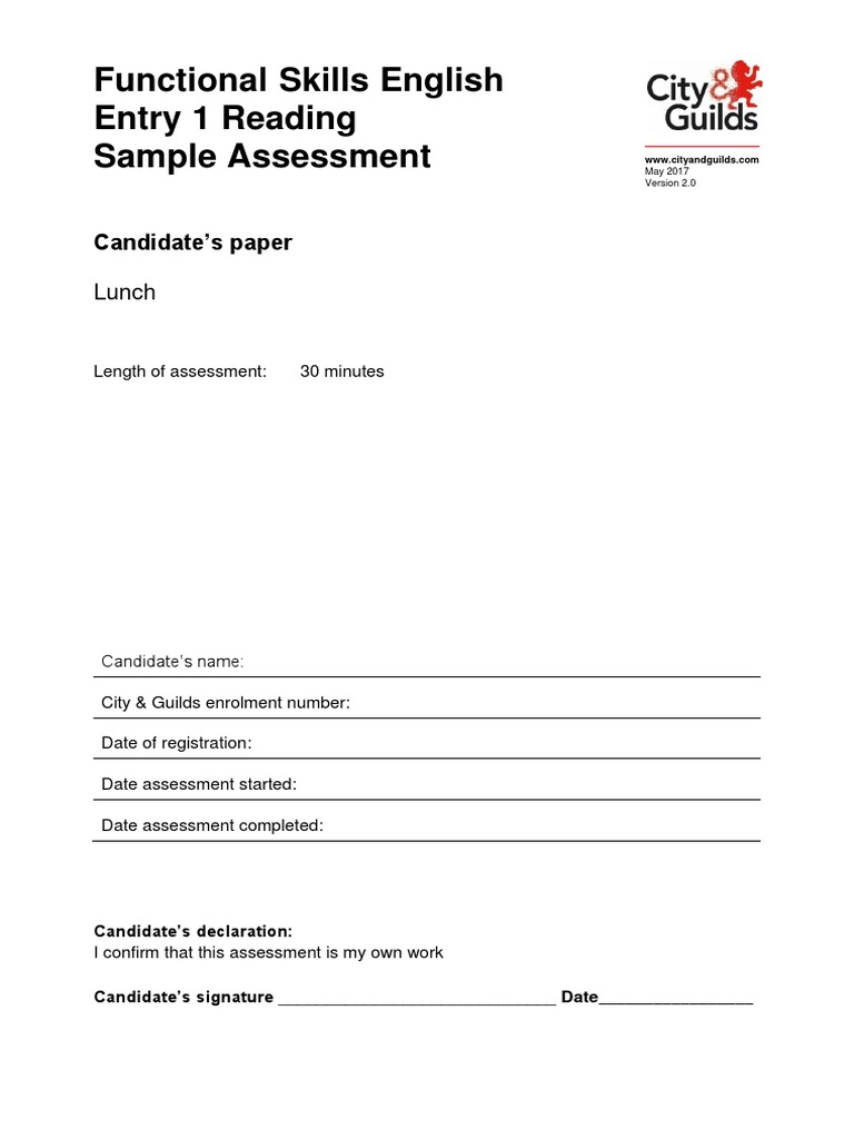 Functional Skills English Entry 1 Reading Sample Assessment: Candidate ...