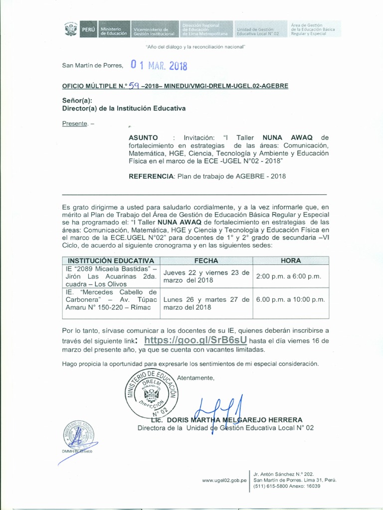 Oficio Multiple 059 - Invitacion Al I Taller Nuna Awaq de Fortalecimiento en Estrategias en El ...