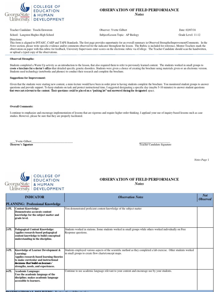 University Supervisor Observation | PDF | Educational Assessment ...