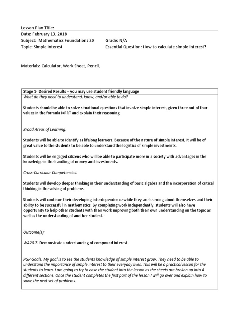 Simple Interest Lesson Plan | PDF | Interest | Educational Assessment