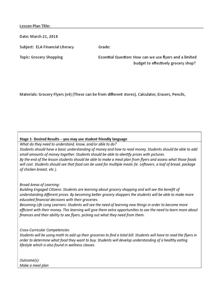 Lesson Plan Financial Literacy | PDF | Grocery Store | Meal