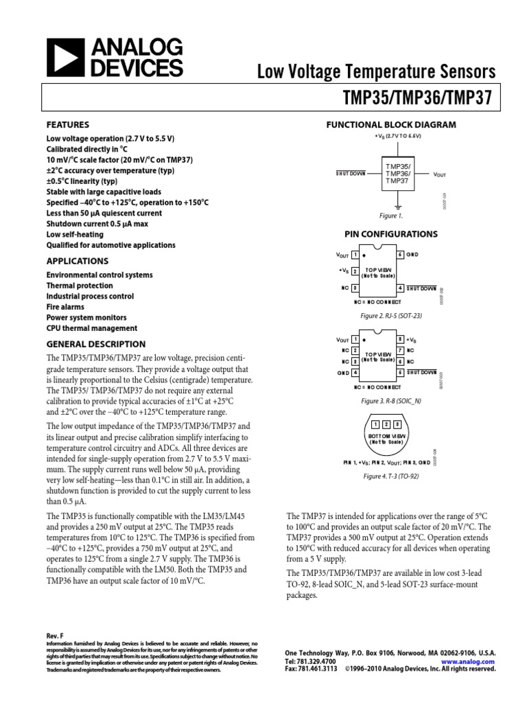 Low Voltage Temperature Sensors Tmp35 Tmp36 Tmp37 Features Functional