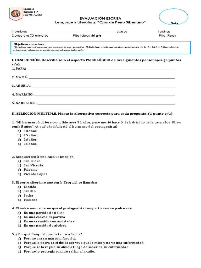 Prueba Comprension Lectora Ojos de Perro Siberiano 31-03 | PDF ...