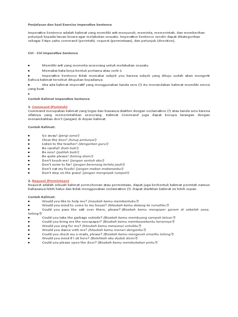 Penjelasan Dan Soal Exercise Imperative Sentence Kelas 9 | PDF | Seni ...