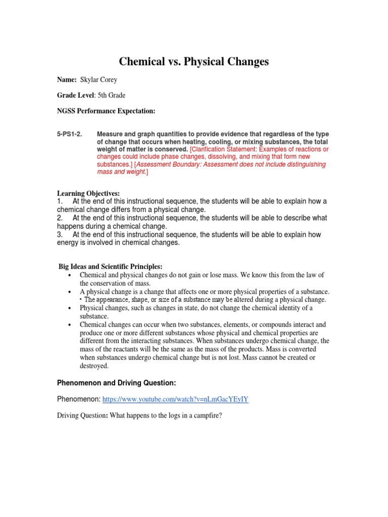 Chemical vs. Physical Changes: Name: Skylar Corey Grade Level: 5th ...