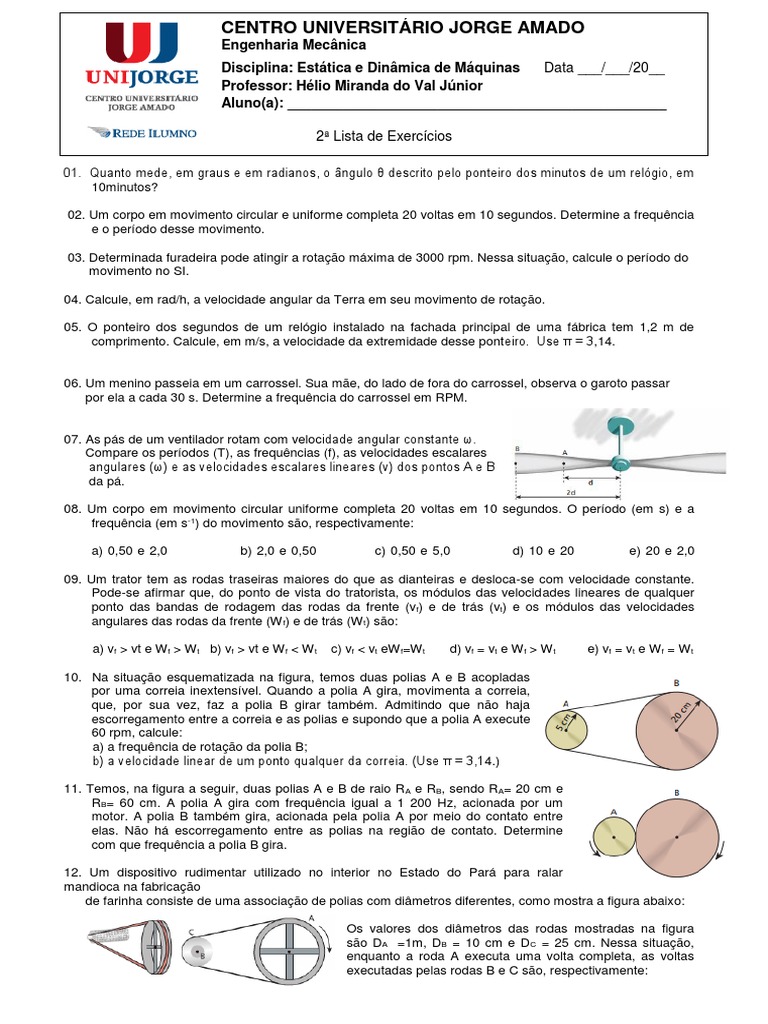 2 Lista de Exerc Movimento Circular | PDF | Frequência | Roda