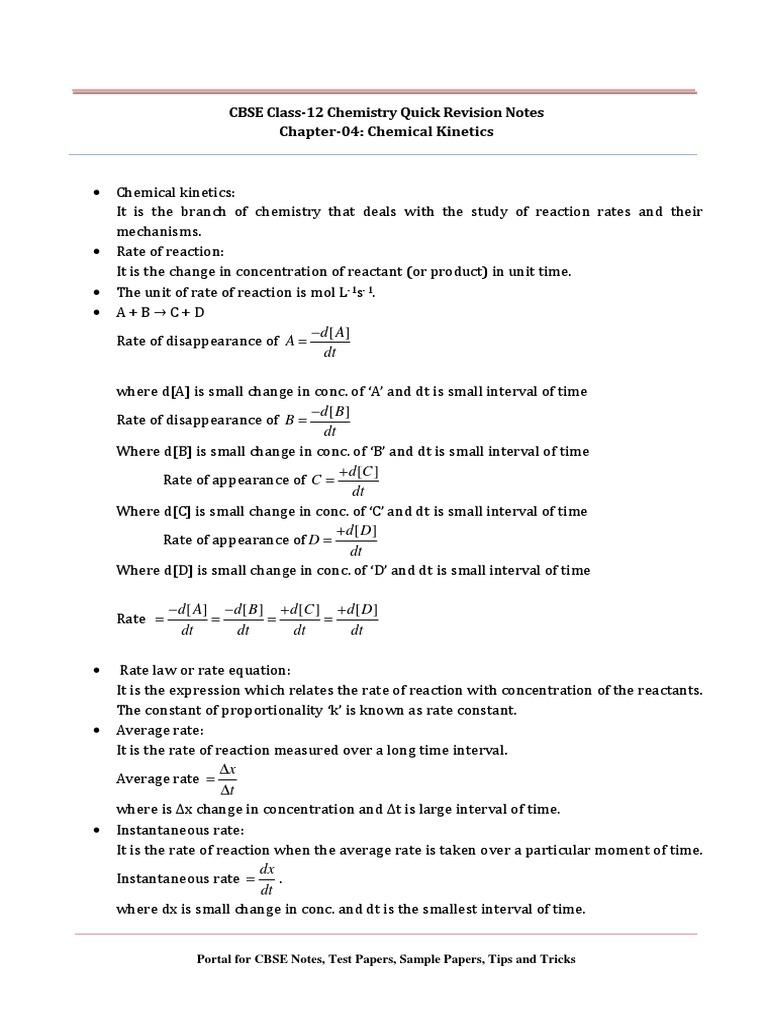 Class 12 Chemical Kinetics Notes | PDF | Reaction Rate | Chemical Kinetics