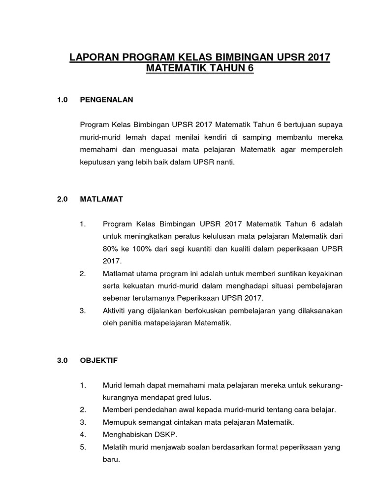 Laporan Program Kelas Bimbingan Upsr 2017 Matematik Tahun 6 | PDF | Karier & Perkembangan