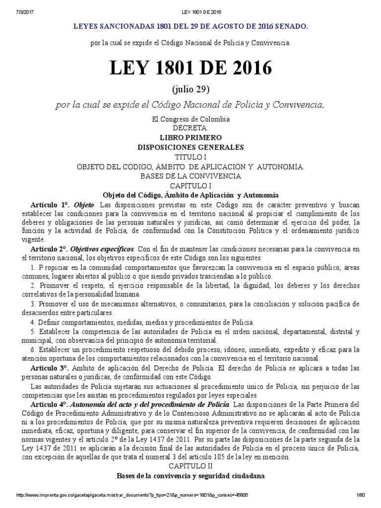 LEY 1801 de 2016 Codigo Nacional de Policia | Policía | Adopción