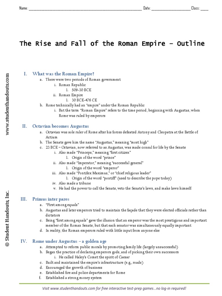 09.04.rise Fall Roman Empire OUTLINE PDF | PDF | Augustus | Roman Empire
