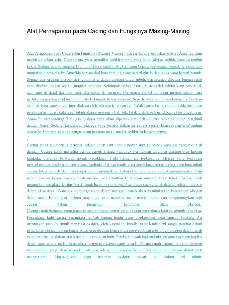 Alat Pernapasan Pada Cacing Dan Fungsinya Masing | PDF