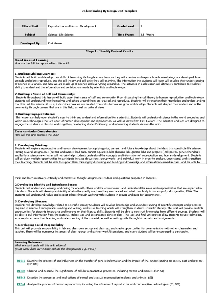 Ubd Unit Planning Template - 325 | PDF | Sexual Reproduction | Reproduction