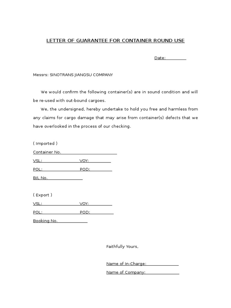 Letter of Guarantee For Container Round Use | PDF
