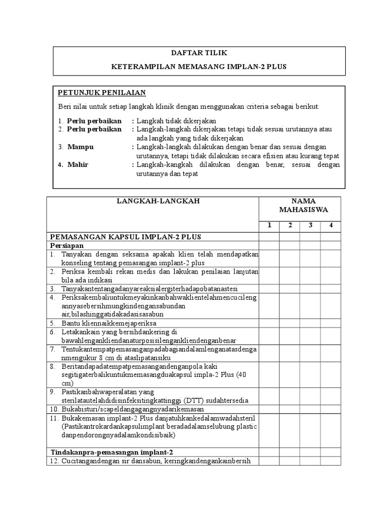 Daftar Tilik Implant-2 Plus | PDF