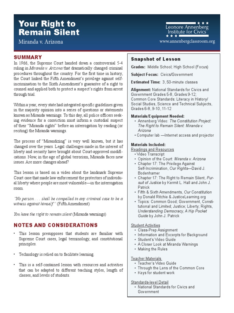 Miranda Lesson | PDF | Miranda Warning | Right To Silence