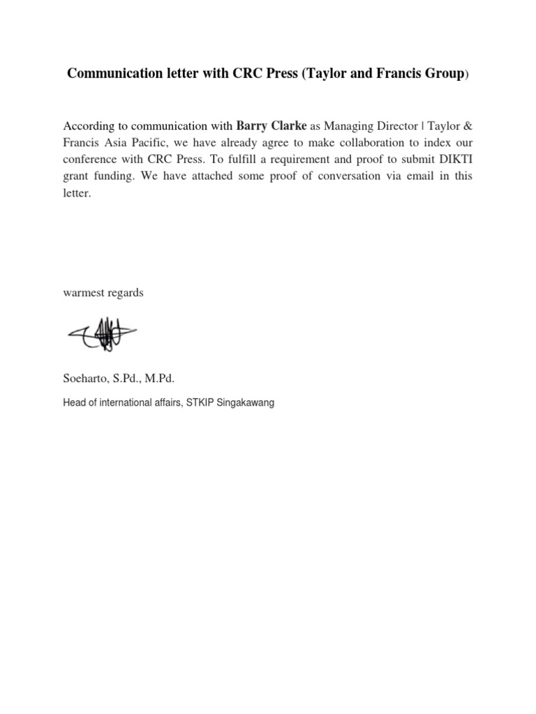 Communication Letter With CRC Press (Taylor and Francis Group | PDF ...