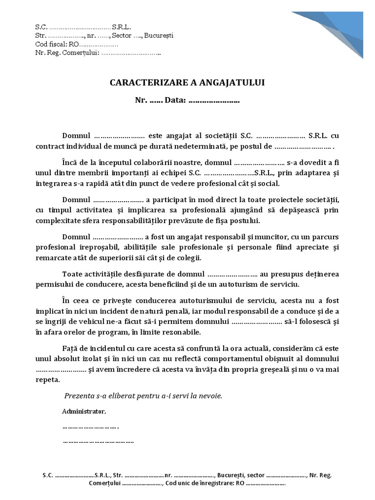 Caracterizare Angajat Cu Permis Model | PDF