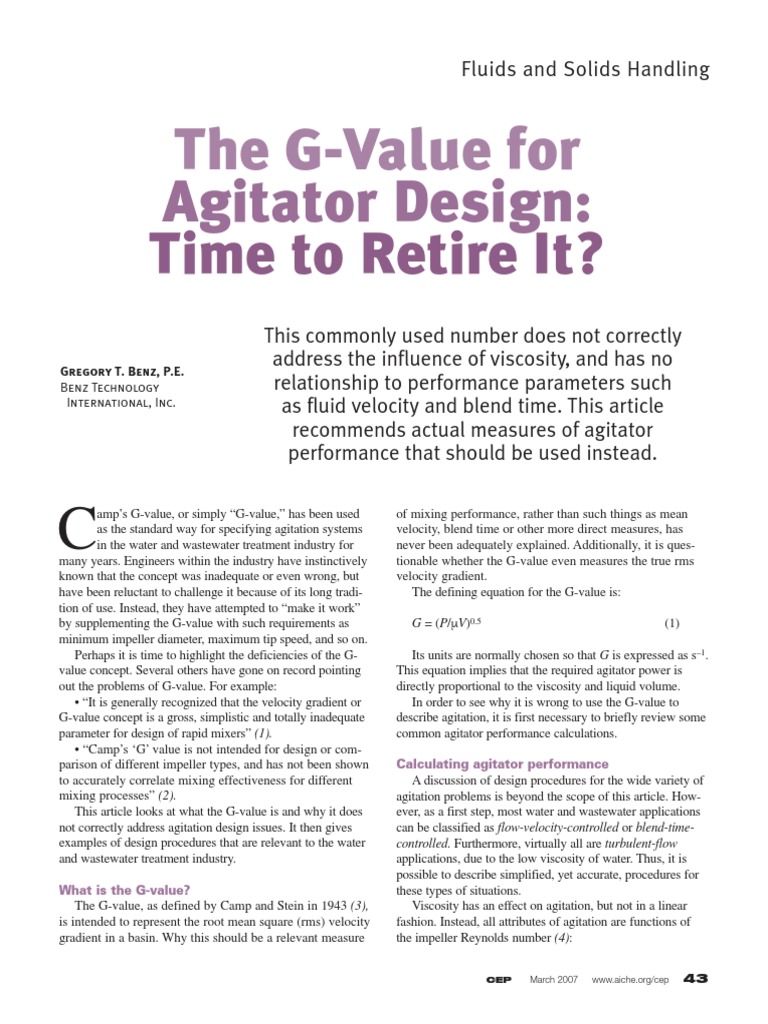 G-Value For Agitator Design | PDF | Viscosity | Reynolds Number
