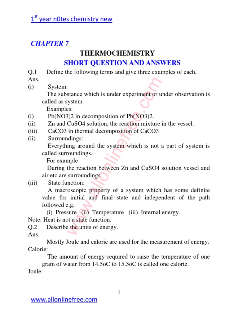 7 Thermochemistry Short Question and Answers PDF | PDF | Enthalpy | Calorie