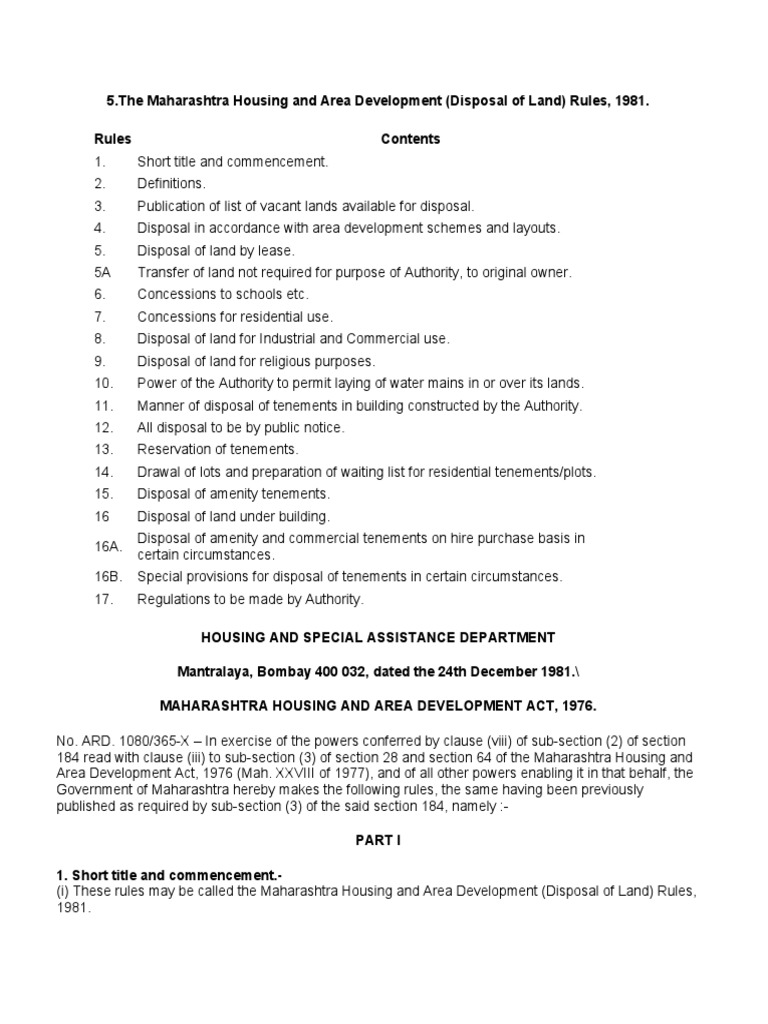 The MHAD (Disposal of Land) Rules 1981 (1) 1 PDF | PDF | Lease | Apartment
