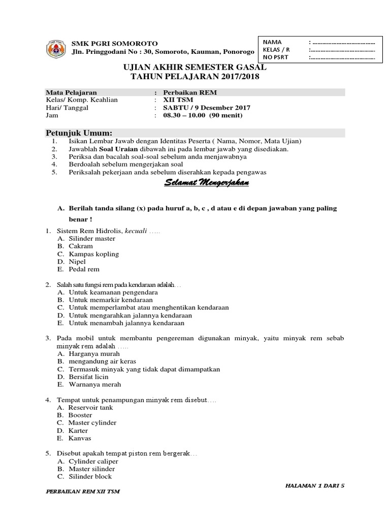 Soal Perbaikan Rem Xii TSM | PDF