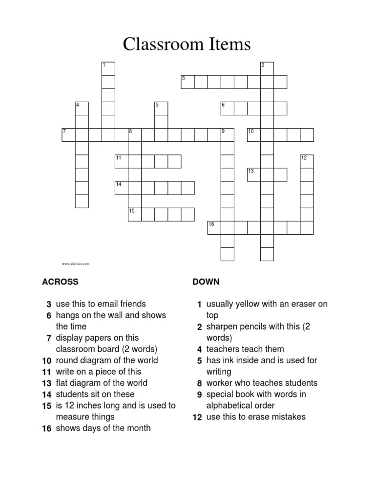 Classroom Items Crossword Puzzle | PDF | Stationery | Art Materials