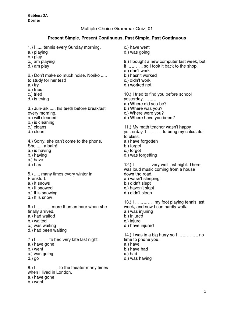 Multiple Choice Grammar Quiz - 01 | PDF | Leisure