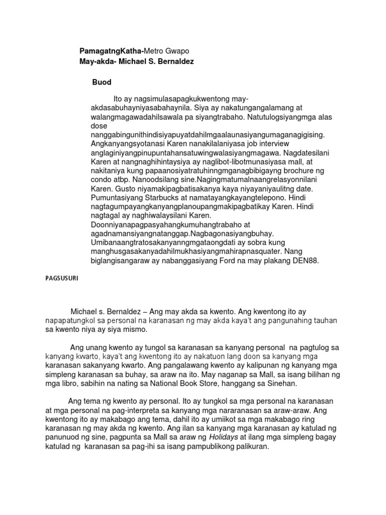 Pamagatngkatha-Metro Gwapo May-Akda-Michael S. Bernaldez Buod | PDF