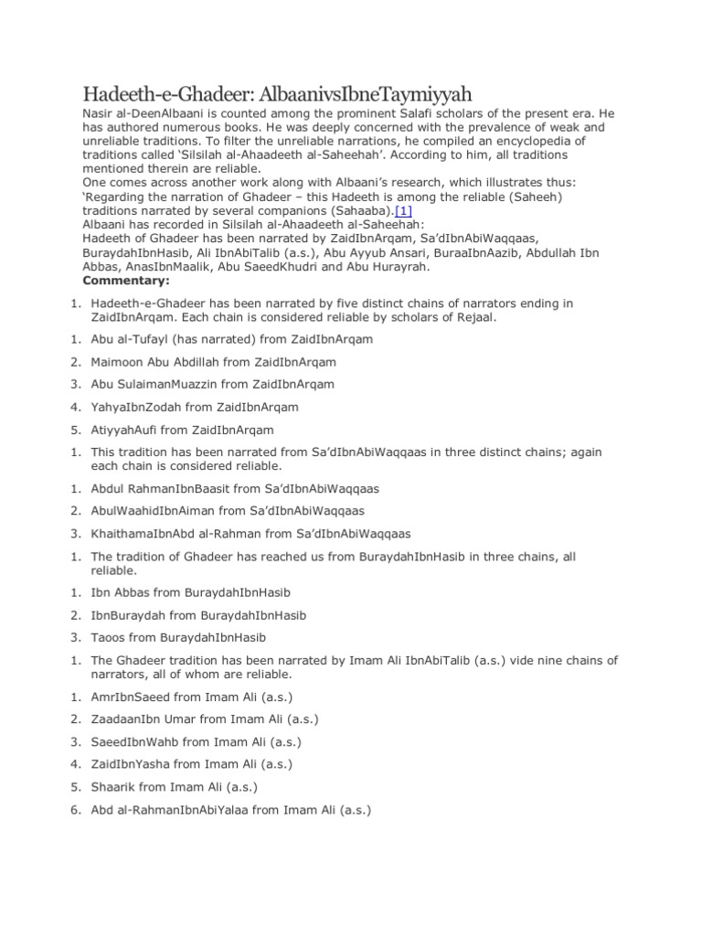 Hadeeth Ghadeer - Albani Vs Ibn e Taimiyah | PDF | Ali | Hadith