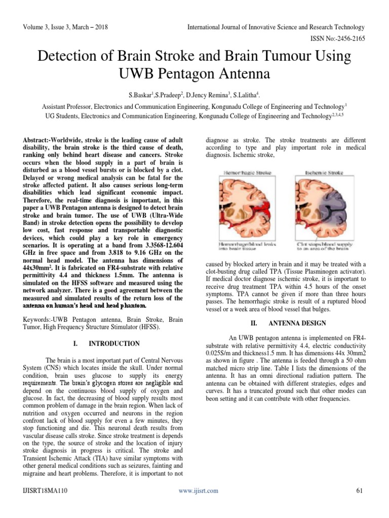 Detection of Brain Stroke and Brain Tumour Using UWB Pentagon Antenna | PDF | Stroke | Medicine