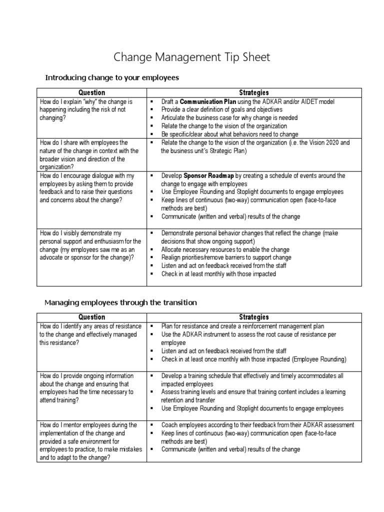 Change Management Tip Sheet | PDF | Reinforcement | Communication