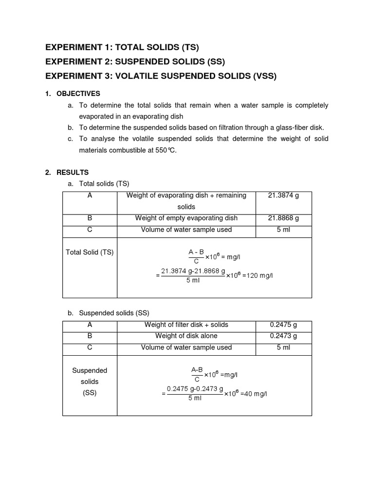 Exp TS, Tss and Vss | PDF | Liquids | Water