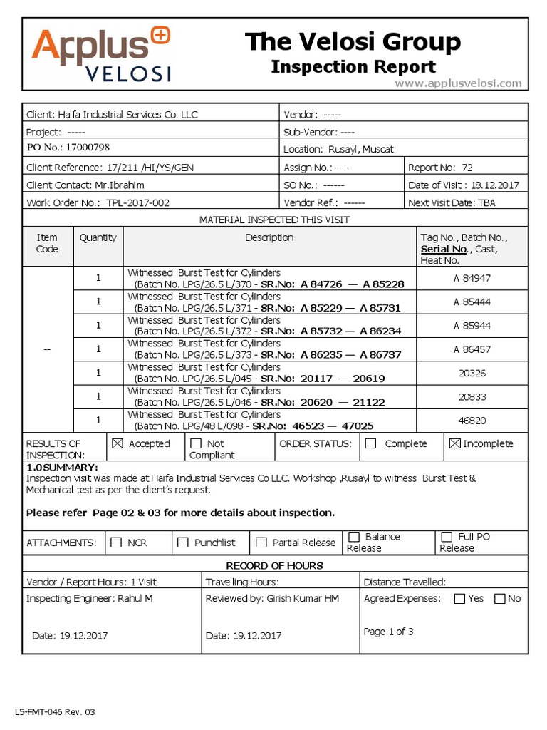 The Velosi Group: Inspection Report | PDF | Calibration | Engineering