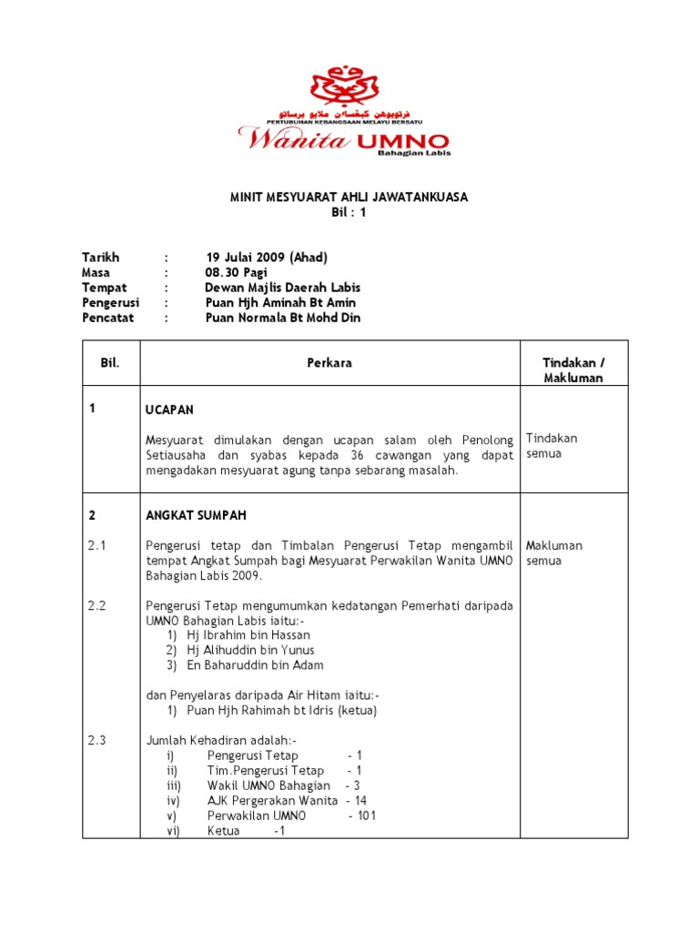 Minit Mesyuarat Ahli Jawatankuasa | PDF
