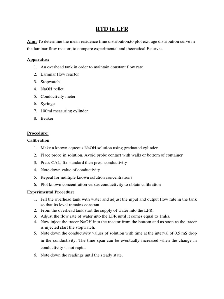RTD in LFR PDF | PDF | Chemistry | Chemical Engineering