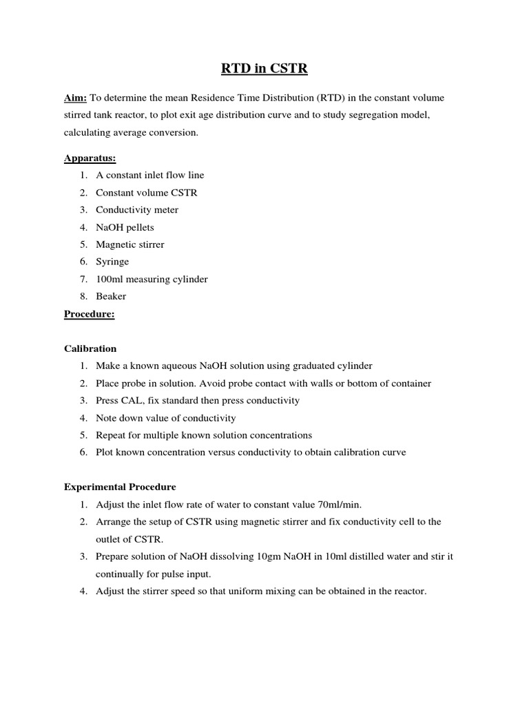 RTD in CSTR Manual PDF | PDF | Chemistry | Chemical Engineering