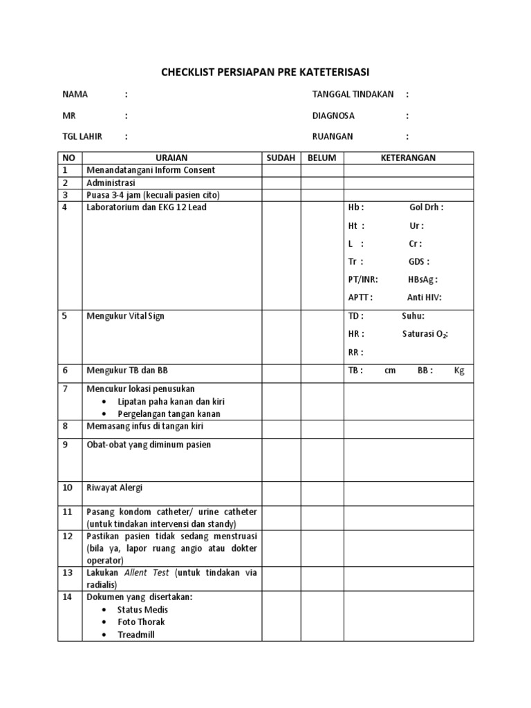 Checklist Persiapan Pre Kateterisasi | PDF