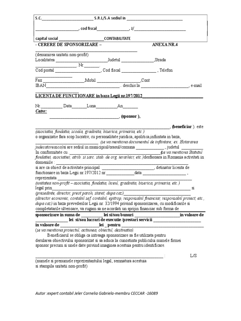 Cerere Sponsorizare - Anexa nr.4 | PDF