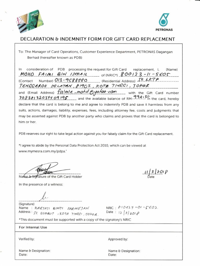 Declaration & Indemnity Form For Gift Card Replacement | PDF