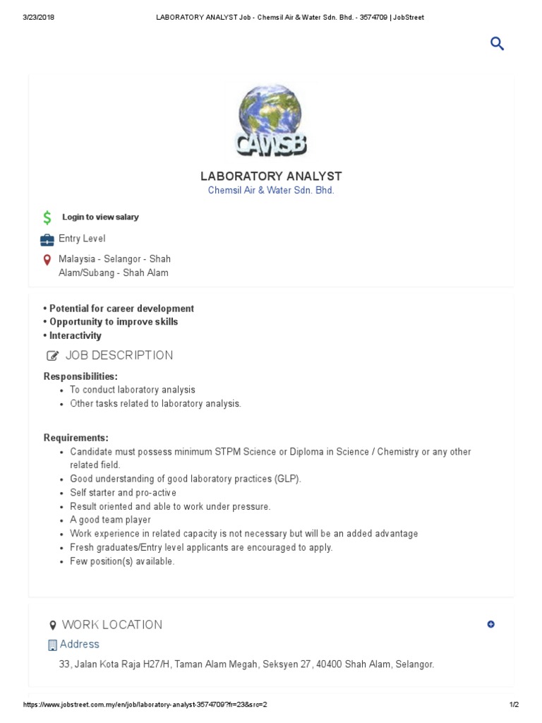 LABORATORY ANALYST Job - Chemsil Air & Water Sdn. Bhd. - 3574709 ...