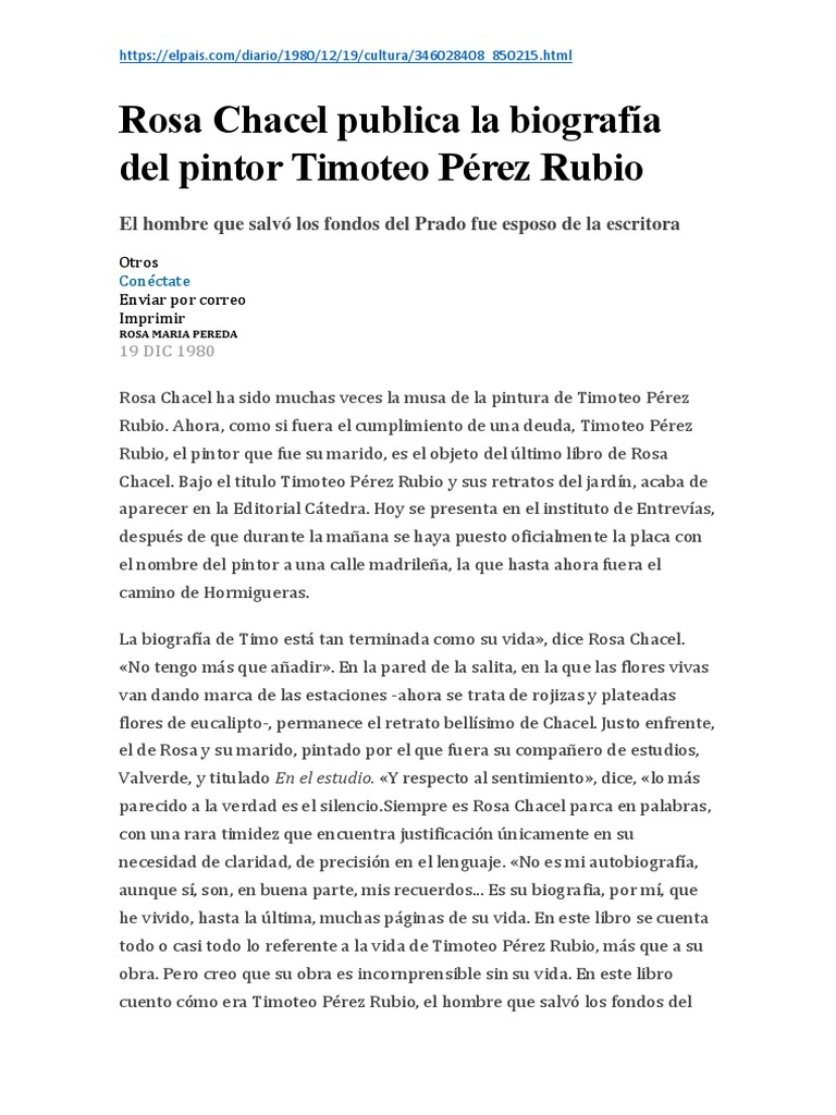 Rosa Chacel Publica La Biografía Del Pintor Timoteo Pérez Rubio | PDF ...