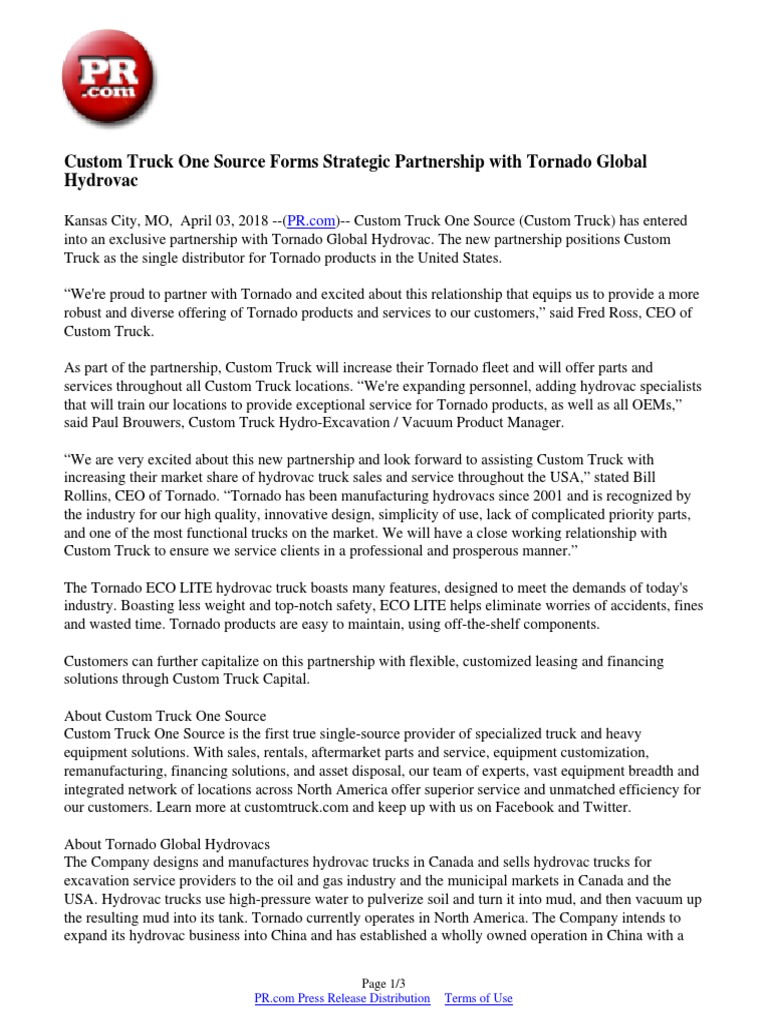 Custom Truck One Source Forms Strategic Partnership With Tornado Global ...