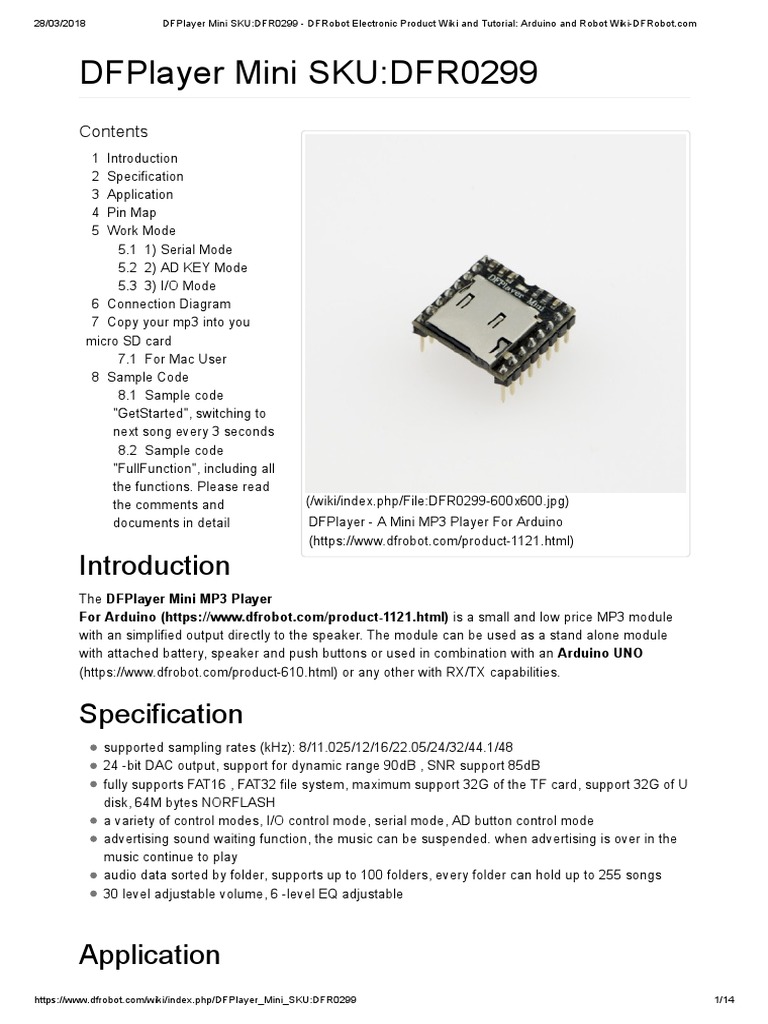 Dfplayer Mini Sku Dfr0299 Dfrobot Electronic Product Wiki And Tutorial Arduino And Robot