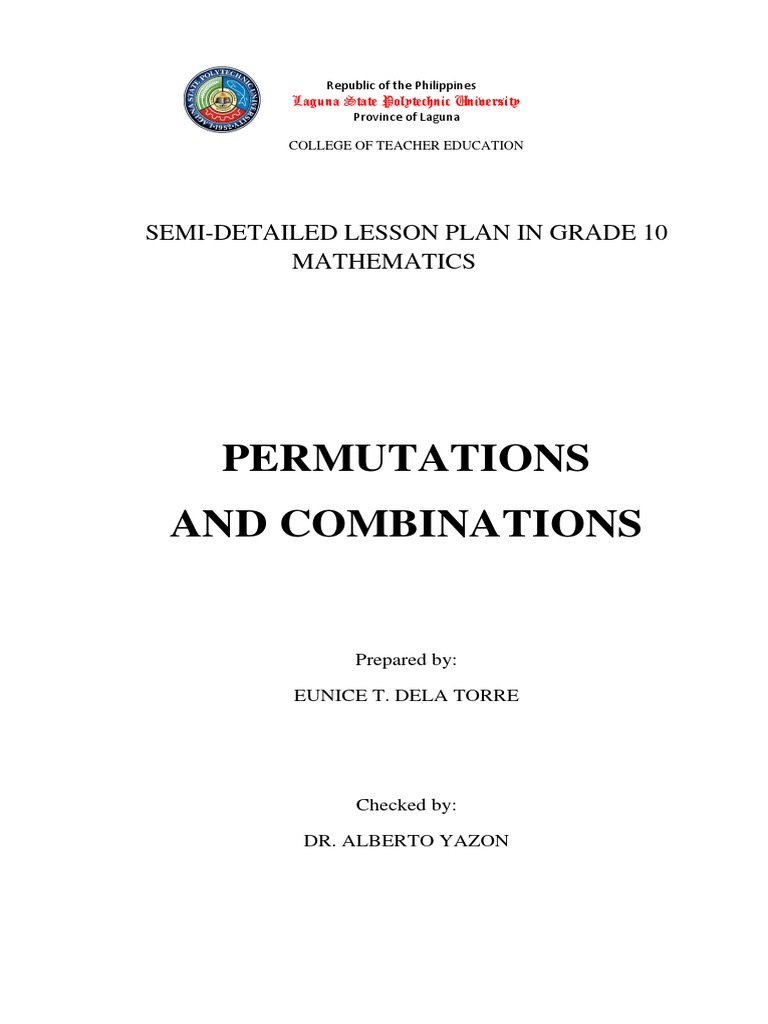 Lesson Plan in Permutation and Combination | PDF | Lesson Plan | Teaching Mathematics