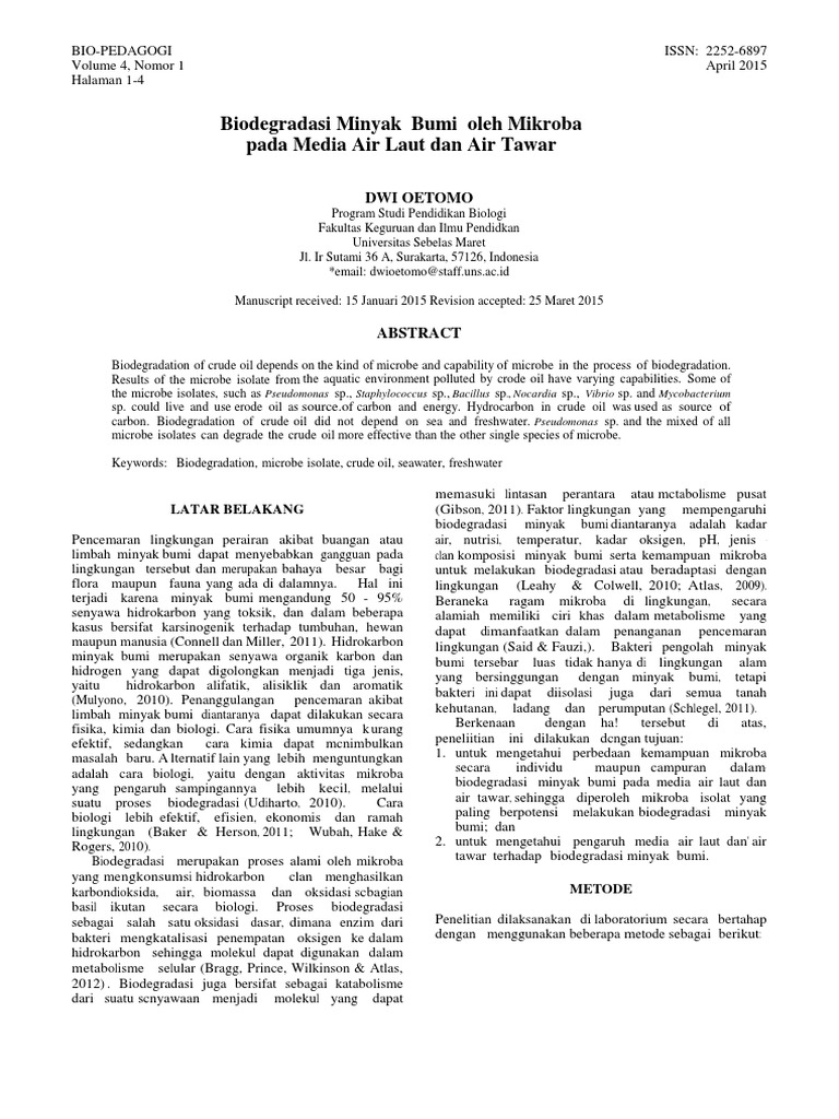 Biodegradasi Minyak Bumi Oleh Mikroba Pada Media Air Laut Dan Air Tawar ...