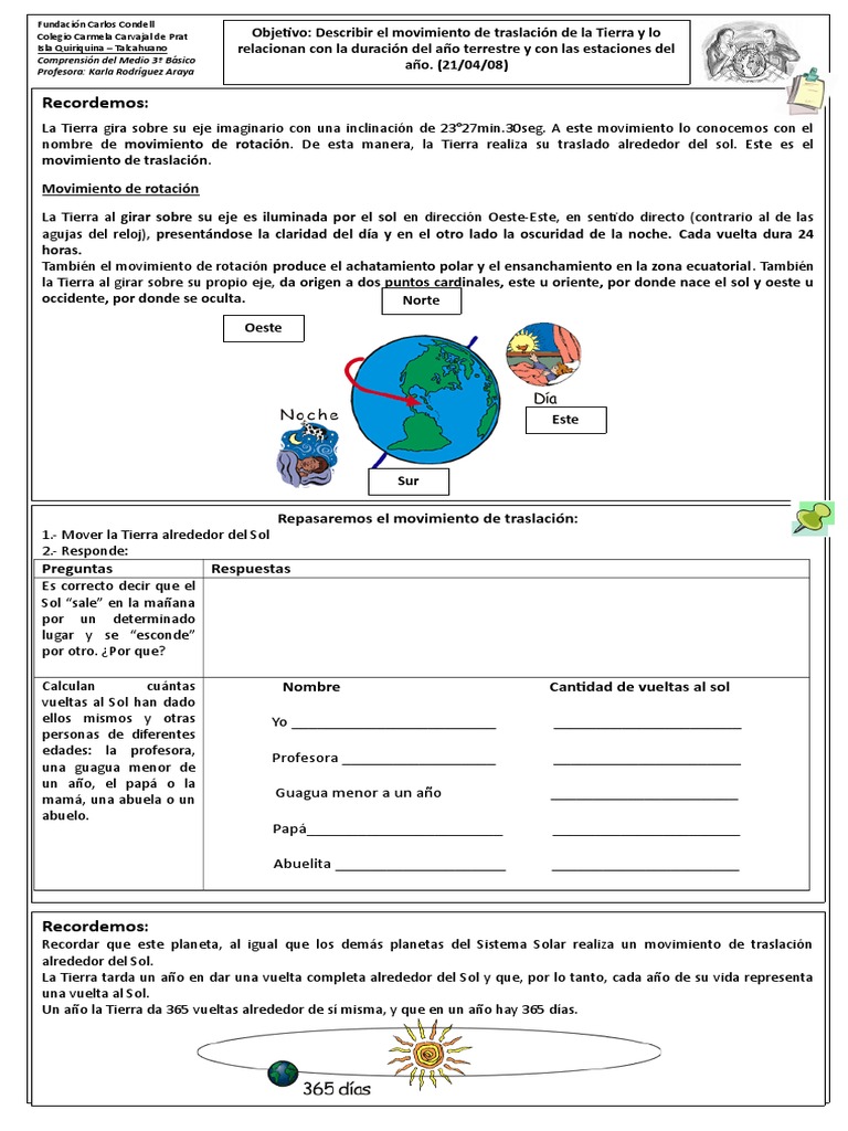 Guia de Trabajo Describir El Movimiento de Traslacion de La Tierra y Lo ...