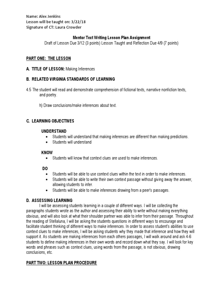 Mentor Text Writing Lesson Plan | PDF | Lesson Plan | Teachers